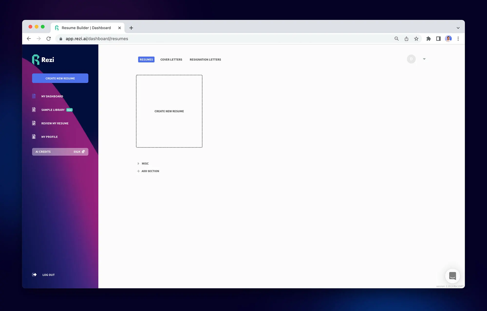 Rezi User Docs - Create Resume